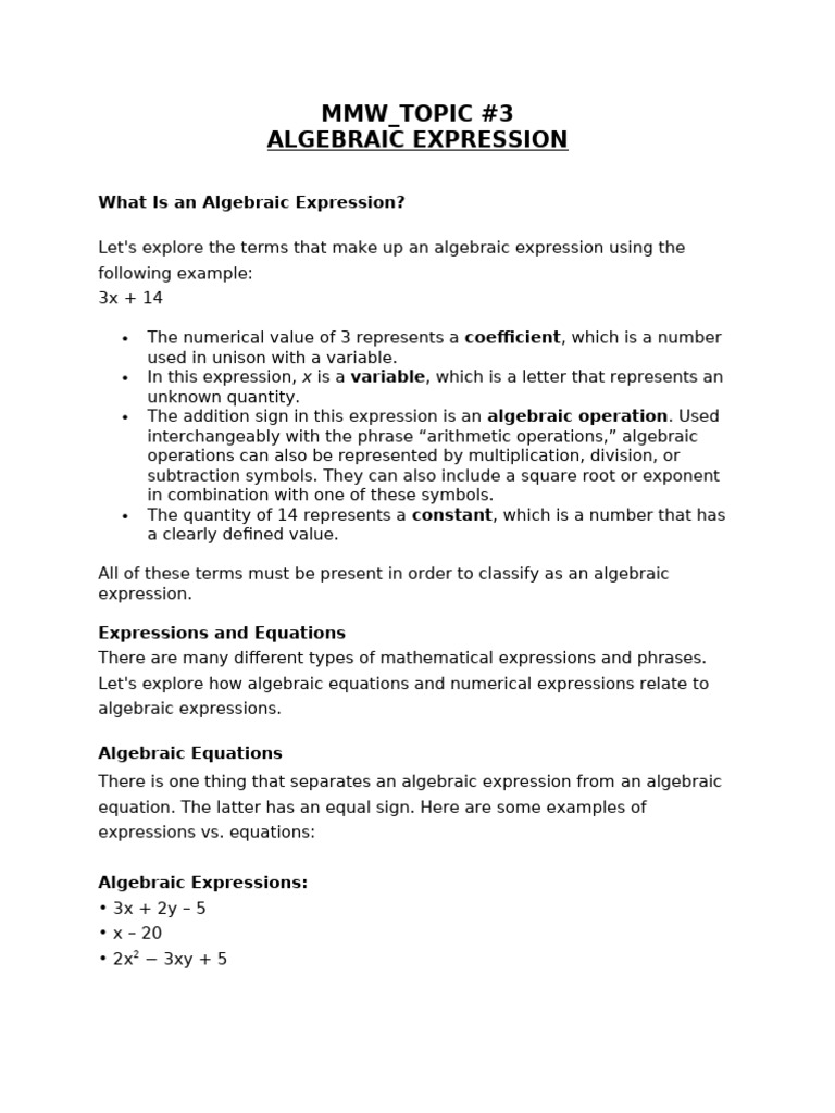MMW Topic-3 Algebraic-Expressions | PDF | Equations | Algebra