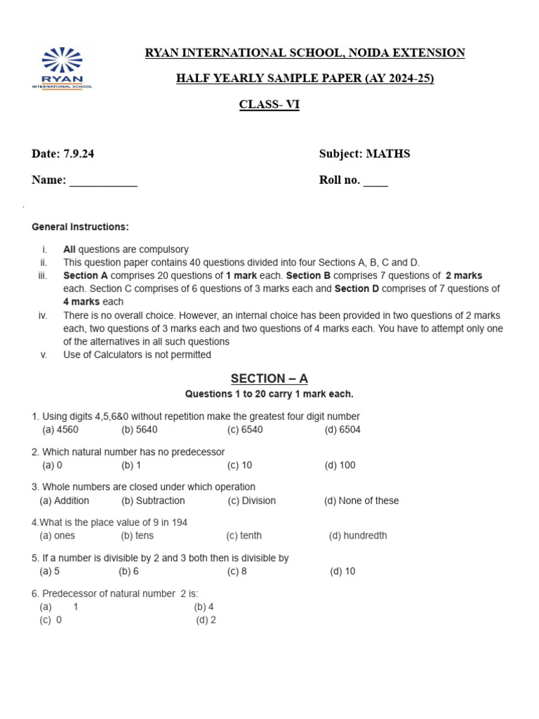Sample Paper of Class 6 Maths | PDF | Numbers | Prime Number