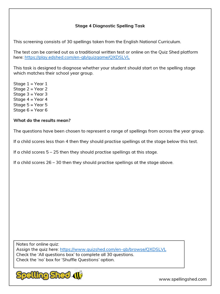 Stage 4 Spelling Diagnostic Quiz - Stage 4 Spelling Diagnostic Quiz | PDF