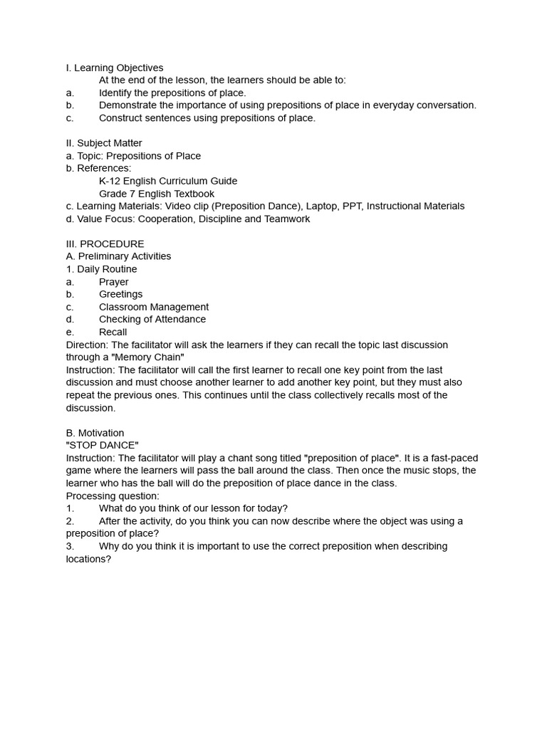 Draft LP Preposition of Place | PDF