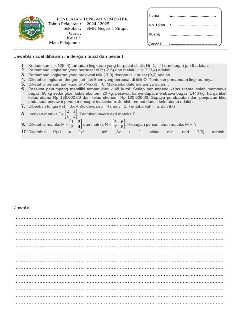 Format Soal PTS Ganjil 2024 | PDF
