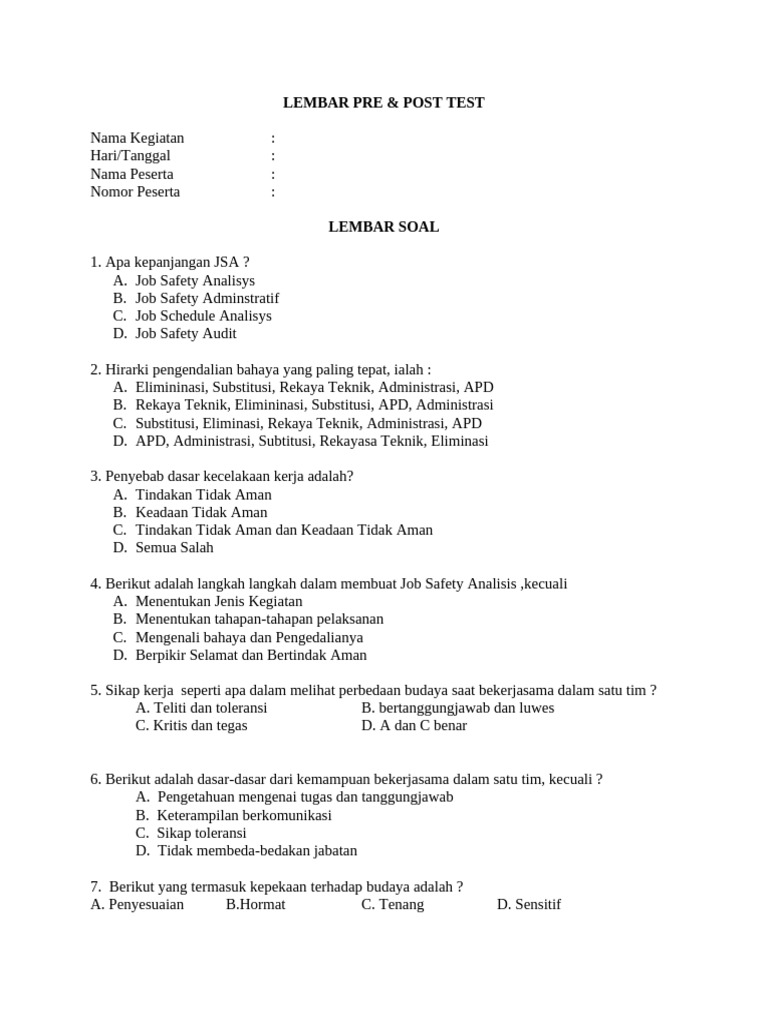 Lembar PreTest PostTest. | PDF
