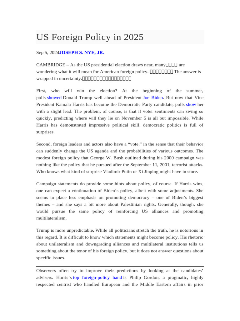 US Foreign Policy in 2025 | PDF