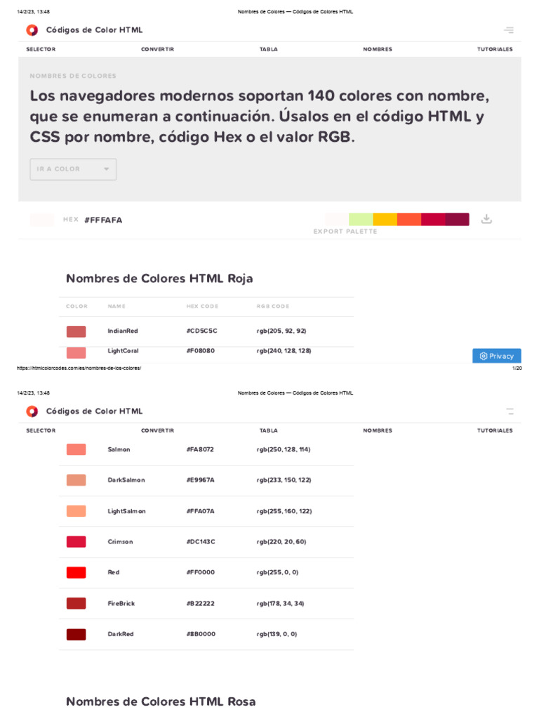 Nombres de Colores - Códigos de Colores HTML | PDF