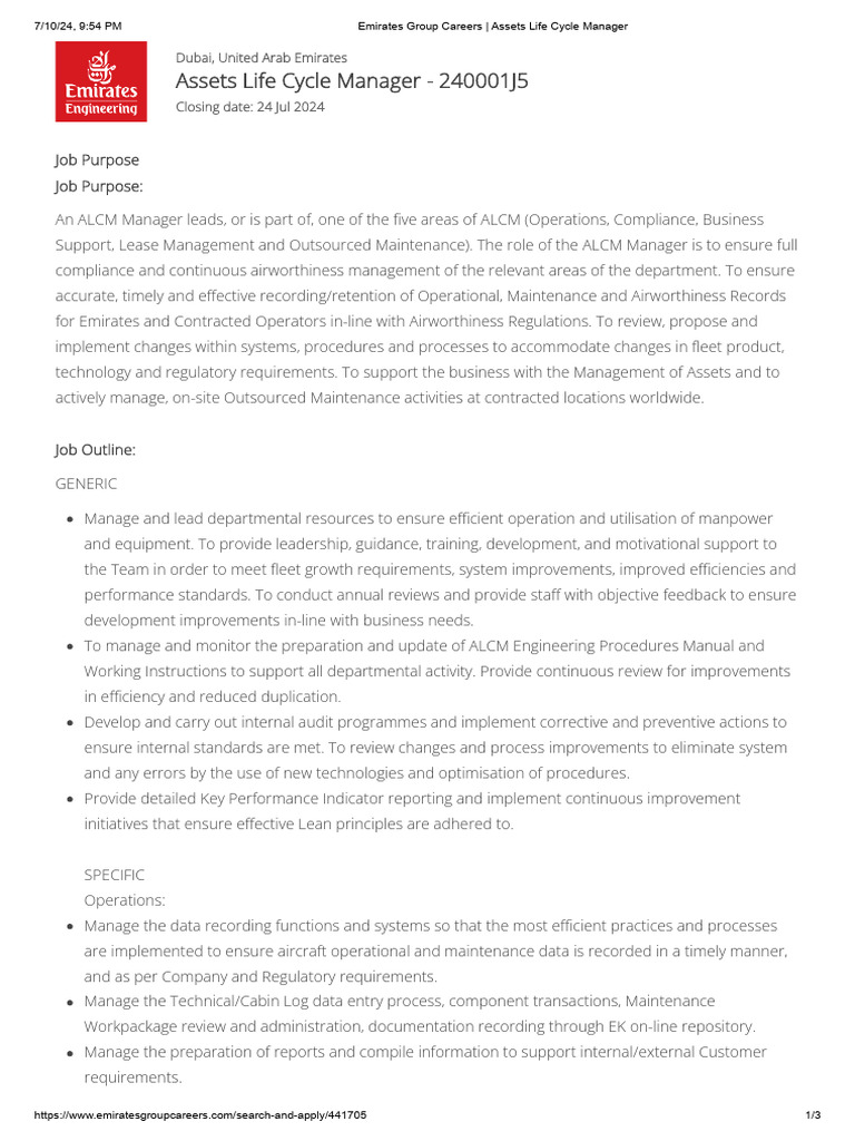 Emirates Group Careers _ Assets Life Cycle Manager | PDF