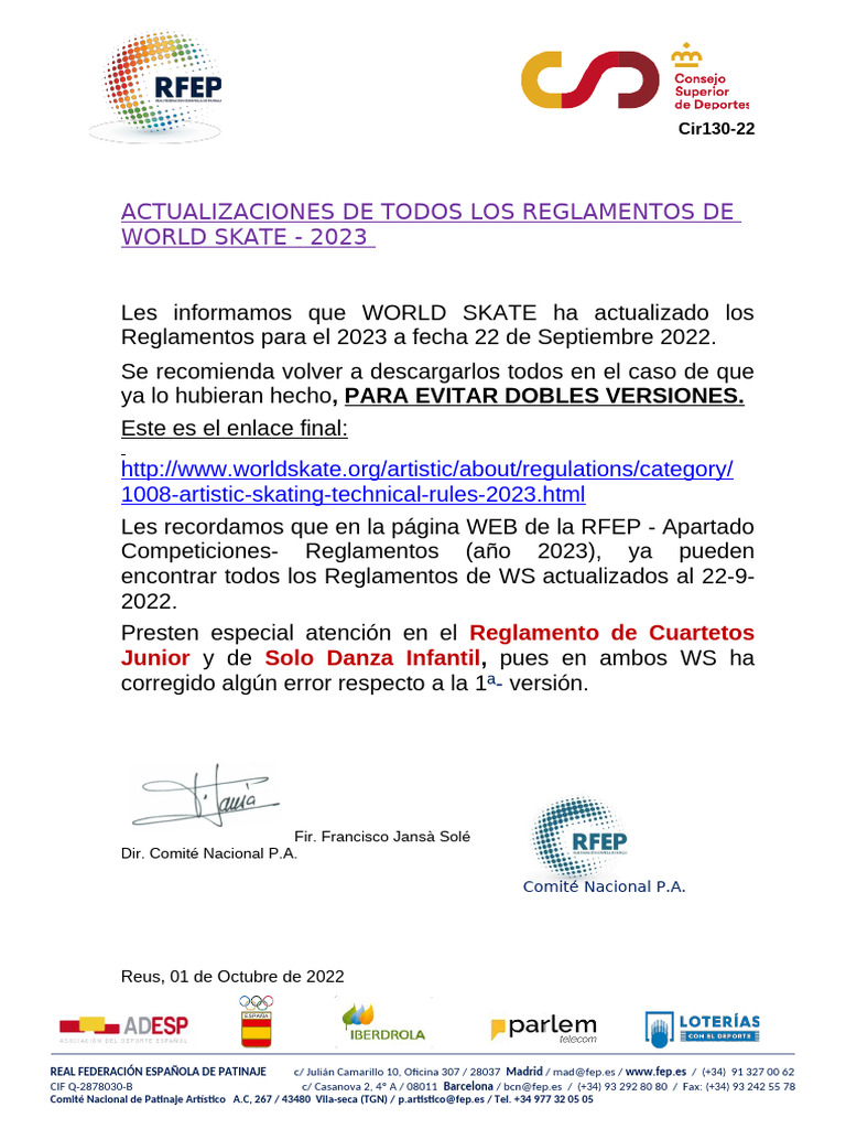Cir130-22 Información Importante Refernte Al Reglamento Técnico de WS - 2023 | PDF