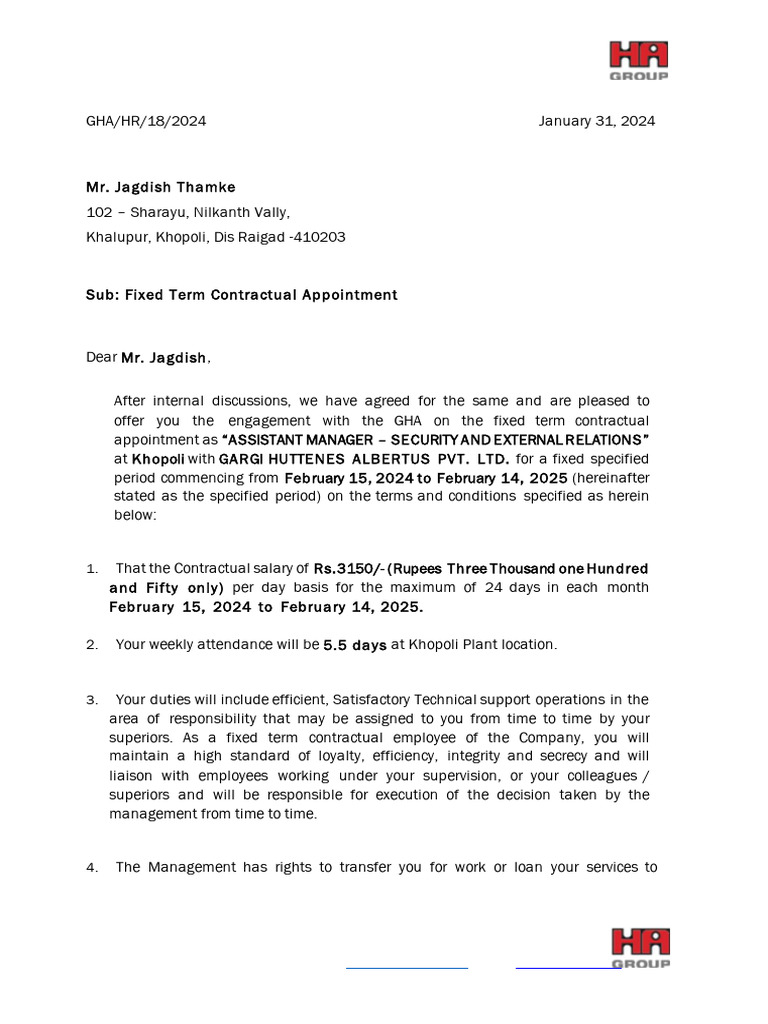 Contrct Letter - Jagdish | PDF