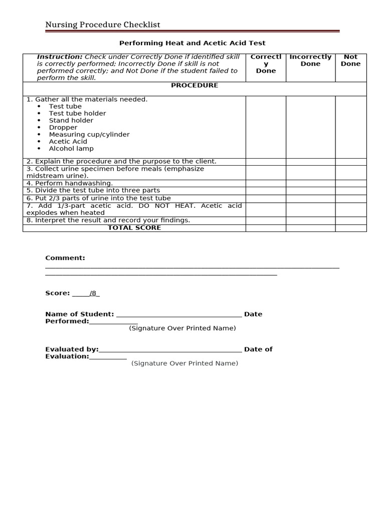 Acetic Acid Test Checklist | PDF