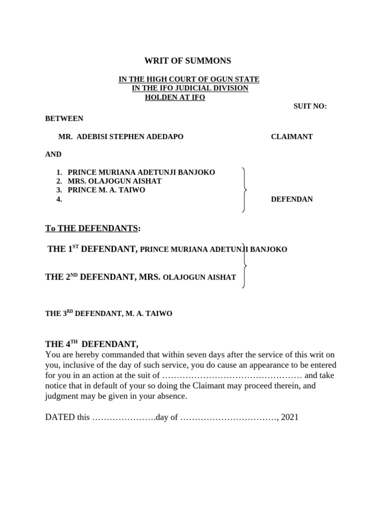 Writ of Summons | PDF
