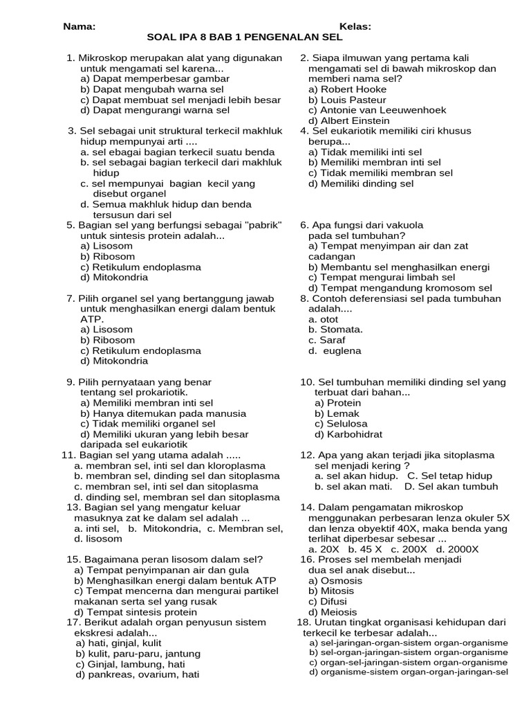 Soal Ipa 8 Bab 1 Pengenalan Sel | PDF