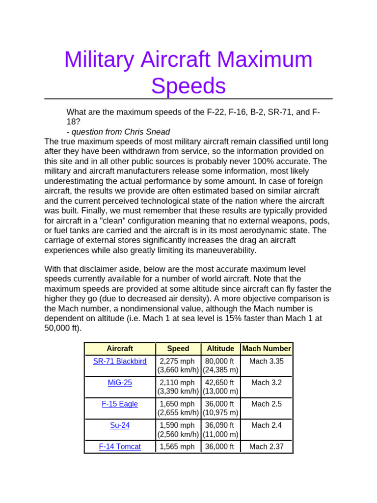 Military Aircraft Maximum Speeds | PDF