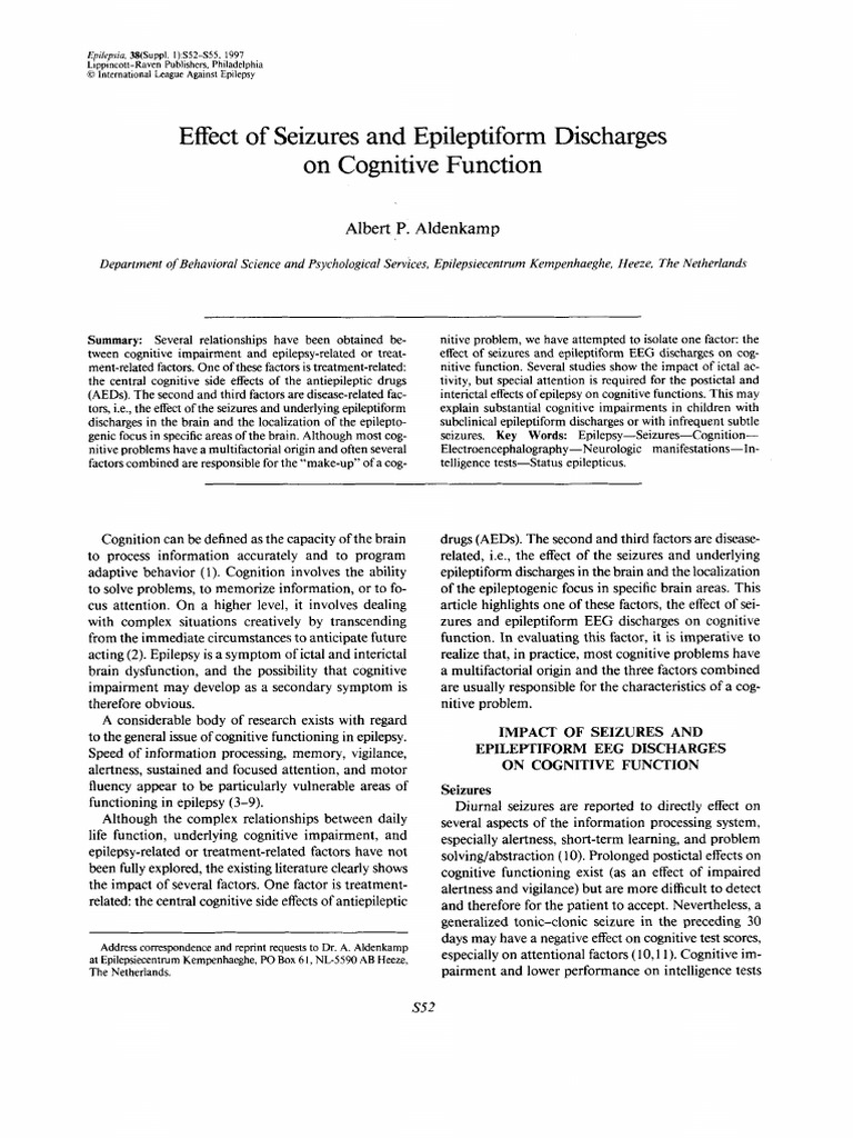 Effect of Seizures and Epileptiform Dischargeson Cognitive Function | PDF