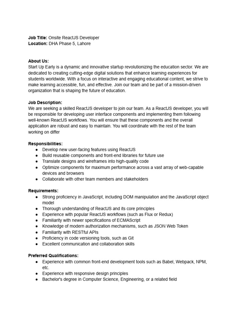 Job Title - Onsite ReactJS Developer | PDF Job Title - Onsite ReactJS Developer | PDF