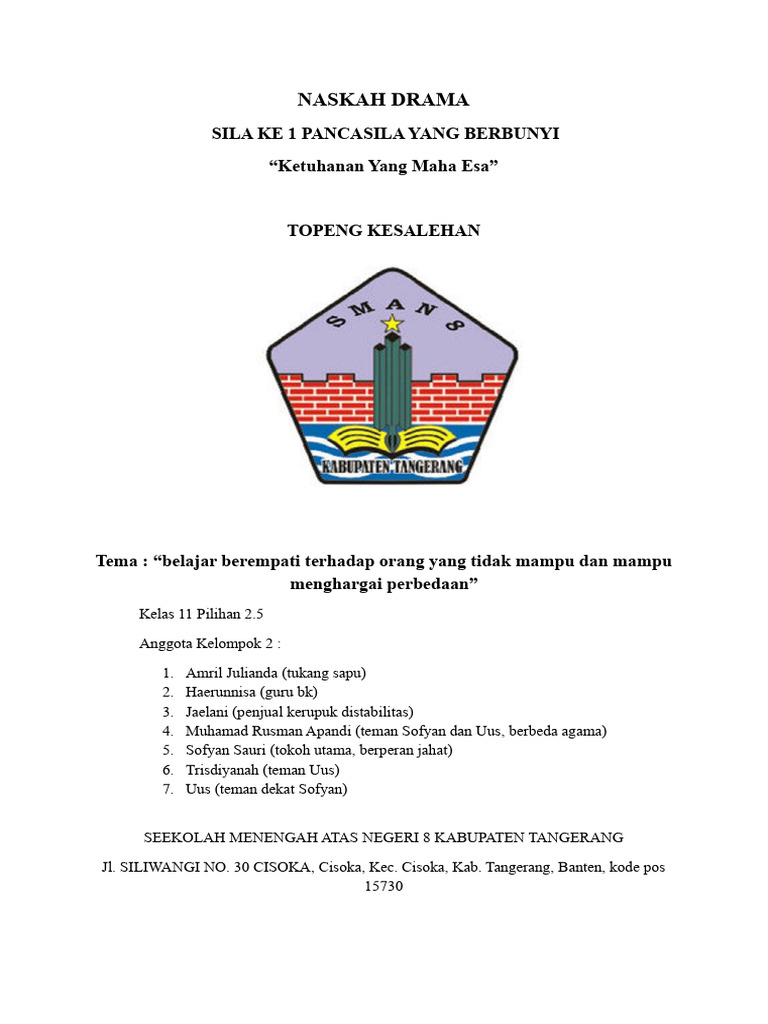 Naskah Drama: Sila Ke 1 Pancasila Yang Berbunyi "Ketuhanan Yang Maha Esa" | PDF