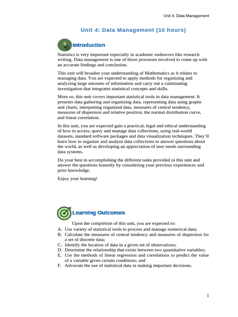 Unit 4 Data Management Lessons 1 4 | PDF