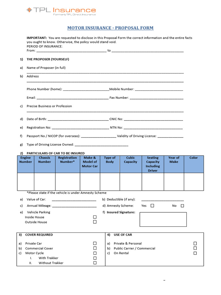 Motor Insurance Proposal Form | PDF