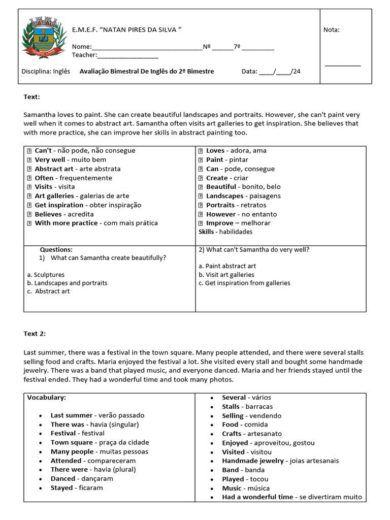 prova 7 ano 2 bimestre OK | PDF