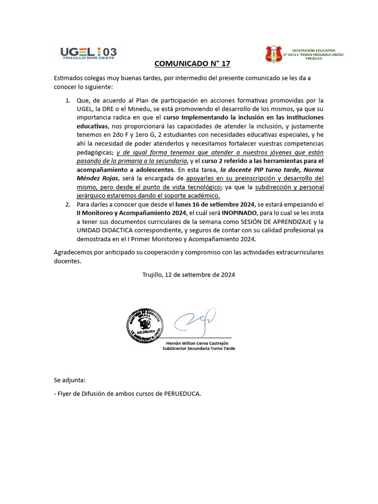 Comunicado 17 Cursos Perueduca y Ii Monitoreo 2024 | PDF