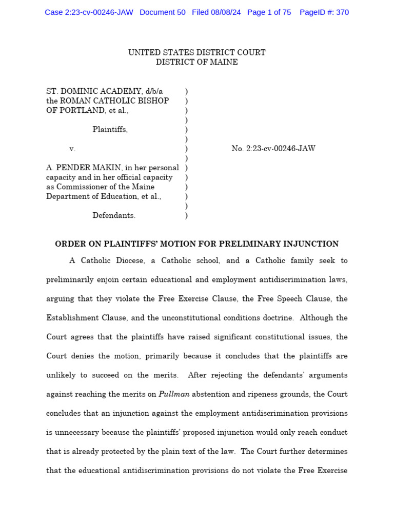 St. Dominic Academy v. Makin PI Order | PDF