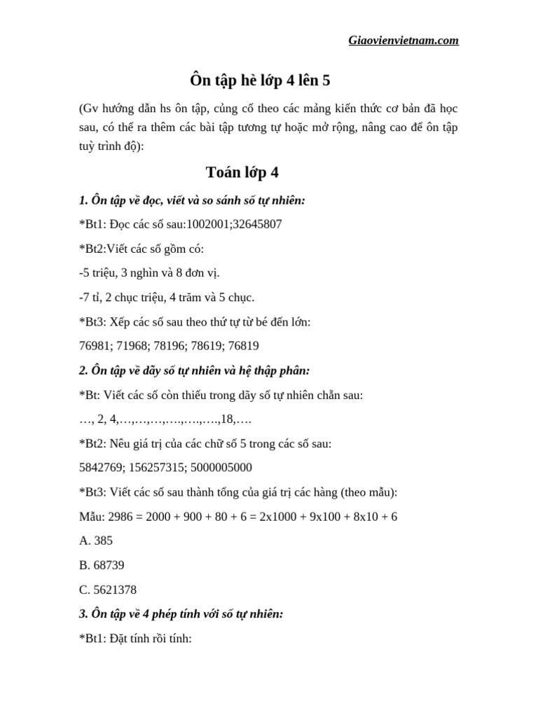 On Tap He Toan Tieng Viet Lop 4 Len Lop 5 3bcfa | PDF | Communist ...