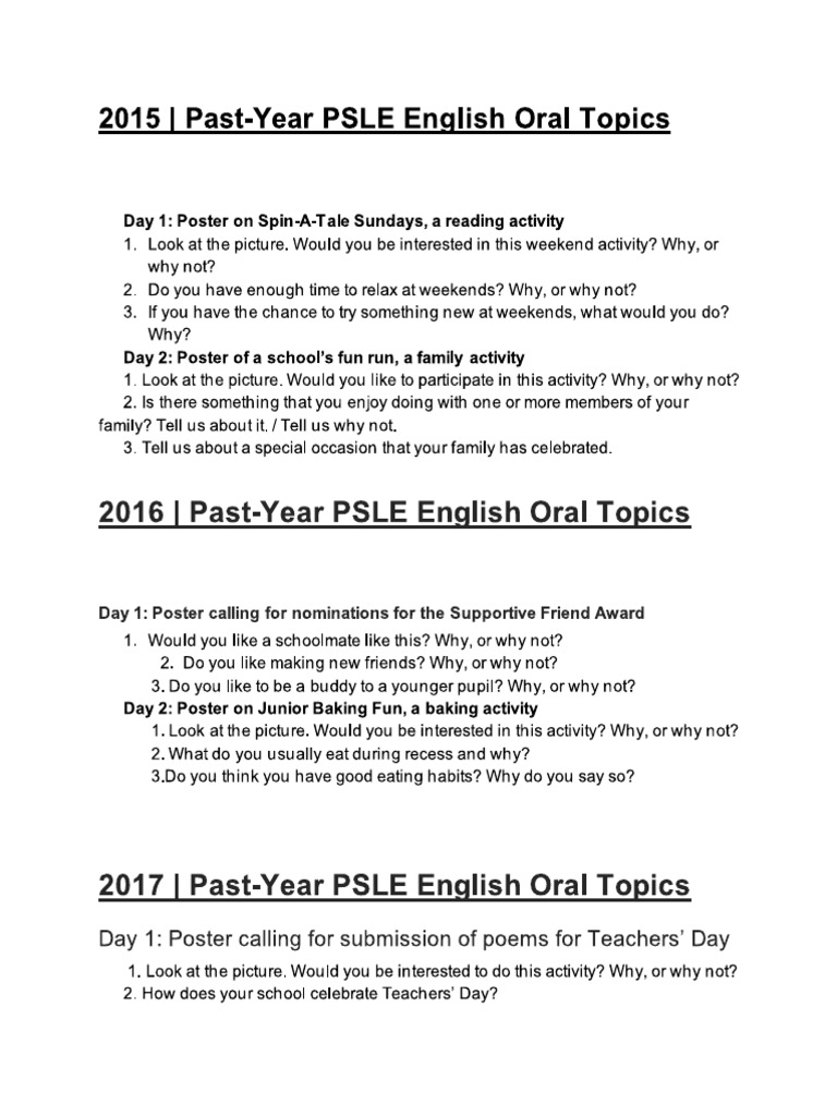 2015-2020 PSLE English Language Oral Topics | PDF