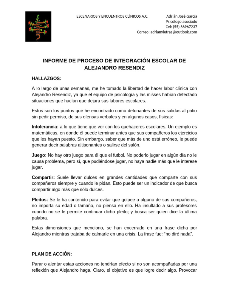 Informe de Proceso de Integracion Escolar de Alex | PDF