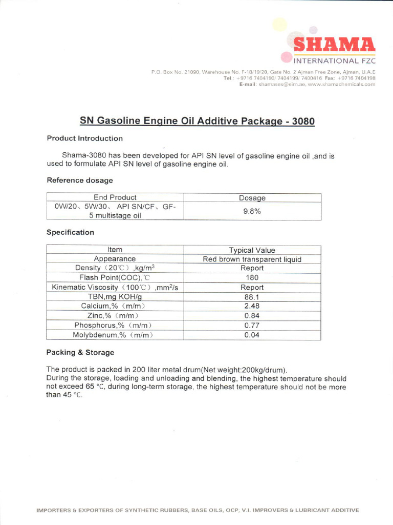 Engine Oil Additive SN Grade-3080 | PDF