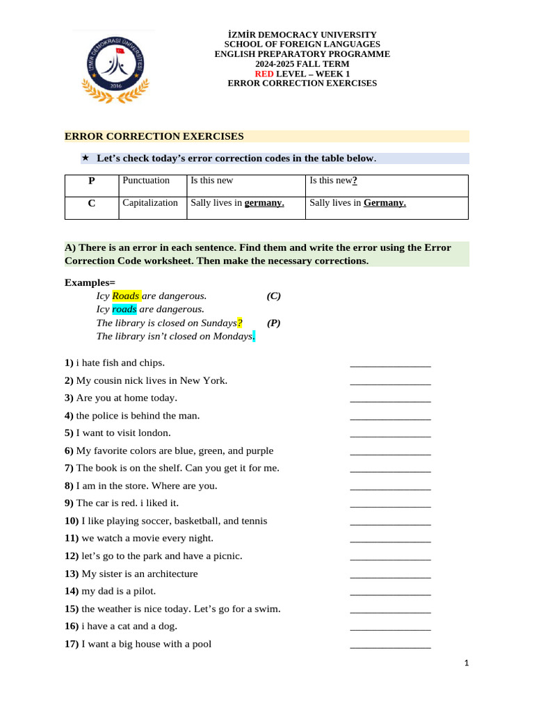 Error Correction Exercises 1 (RED) | PDF
