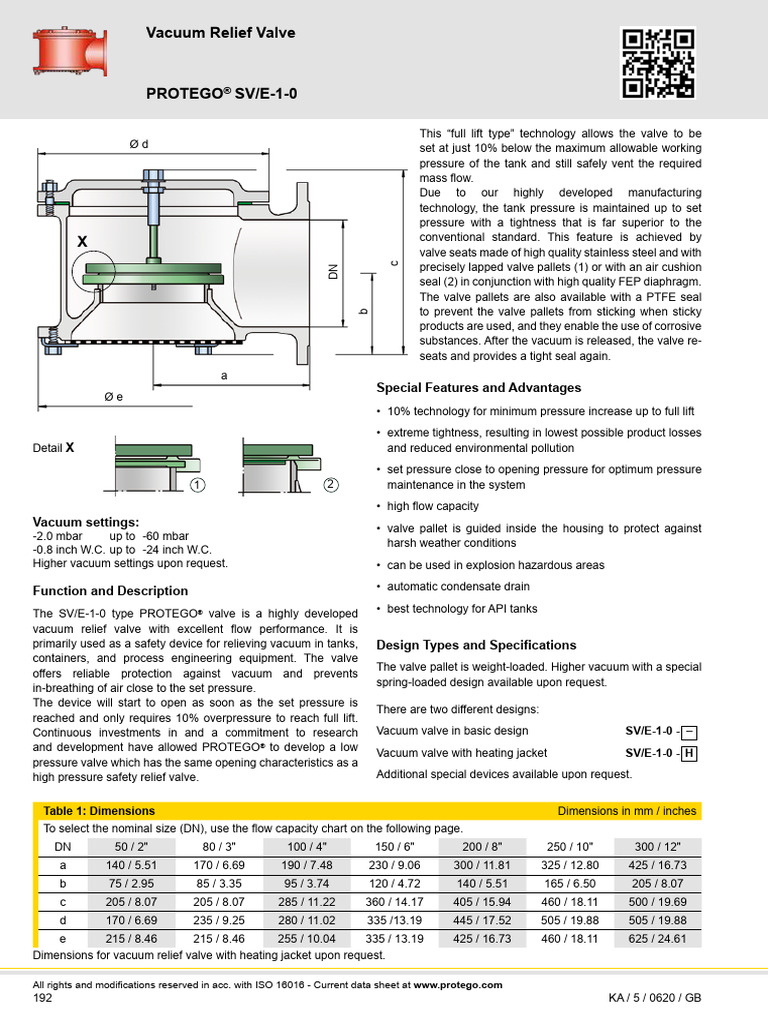 Vacuum Relief Valve Protego SV/E-1-0: Special Features and Advantages | PDF