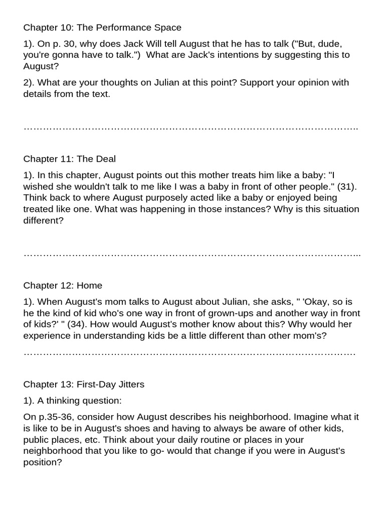 WONDER - Chapters 10-13 - Discussion | PDF