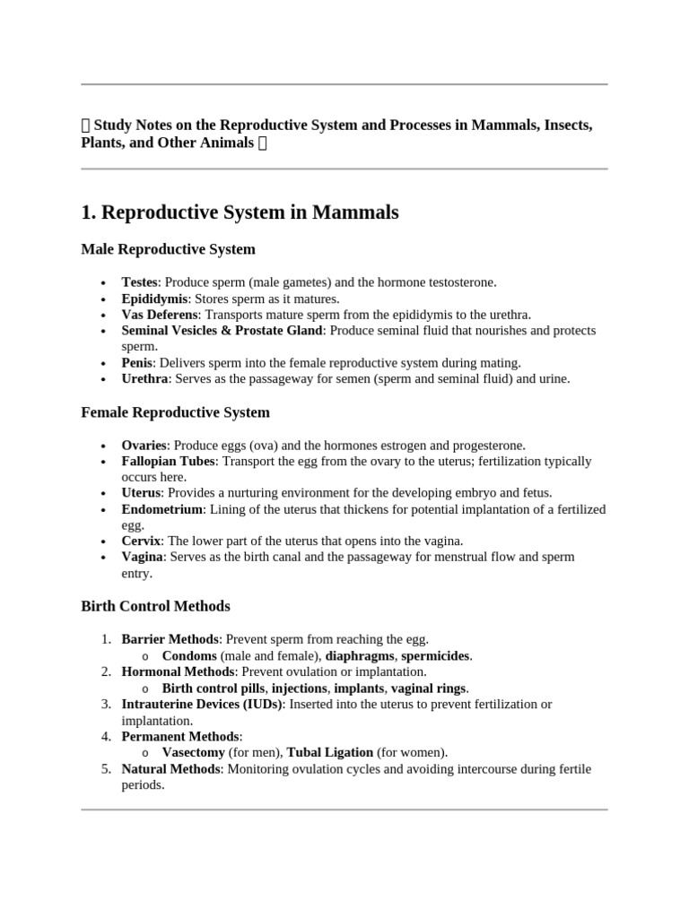 ? Study Notes On The Reproductive System and Processes in Mammals | PDF