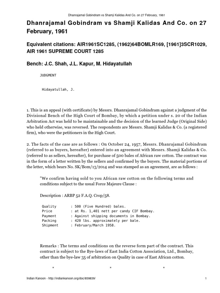 Dhanrajamal Gobindram Vs Shamji Kalidas and Co. On 27 | PDF | Arbitration | Judgment (Law)