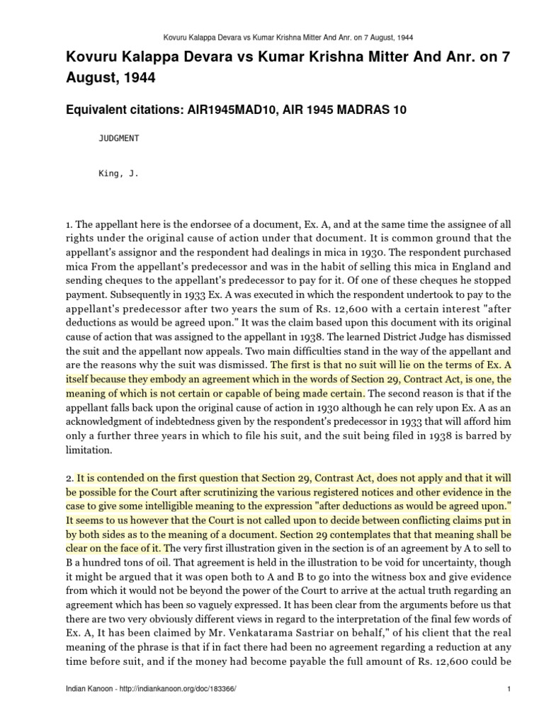 Kovuru Kalappa Devara Vs Kumar Krishna Mitter and Anr. | PDF