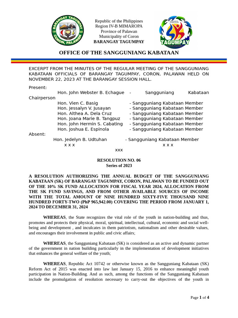 SK RESOLUTION For Approving The SK Annual Budget | PDF | Government