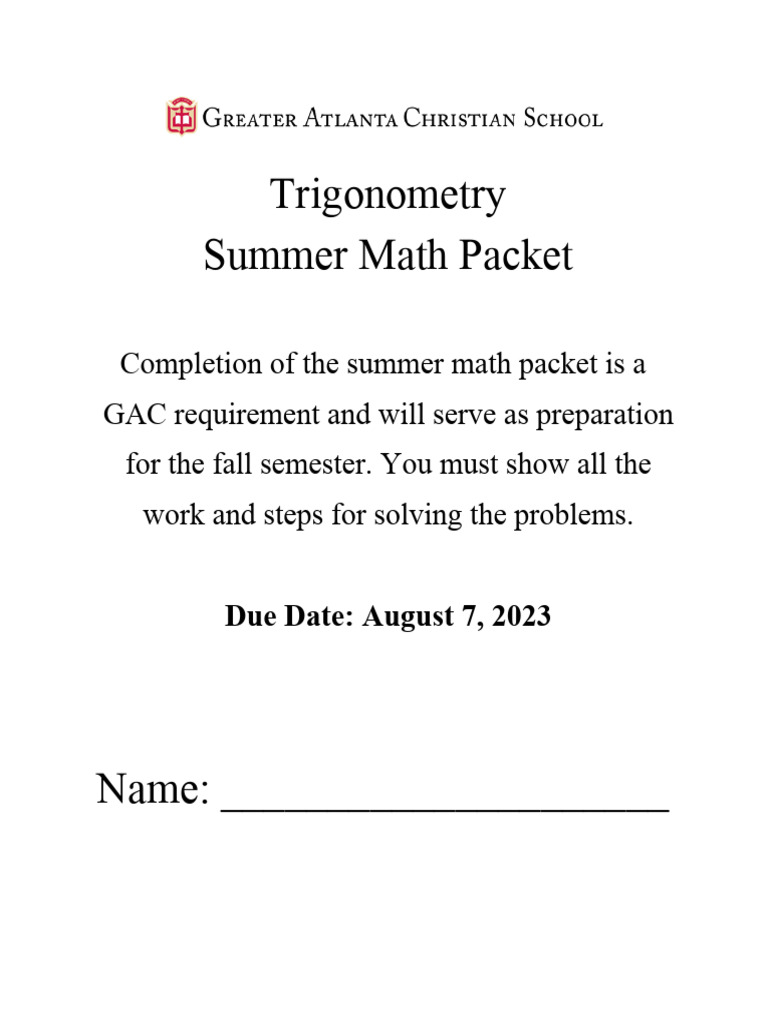 Trig Summer Packet | PDF
