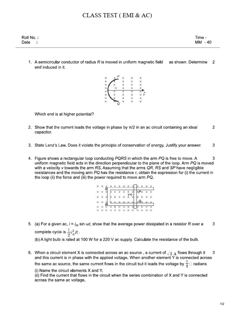 Test Class 12 EMI & AC | PDF