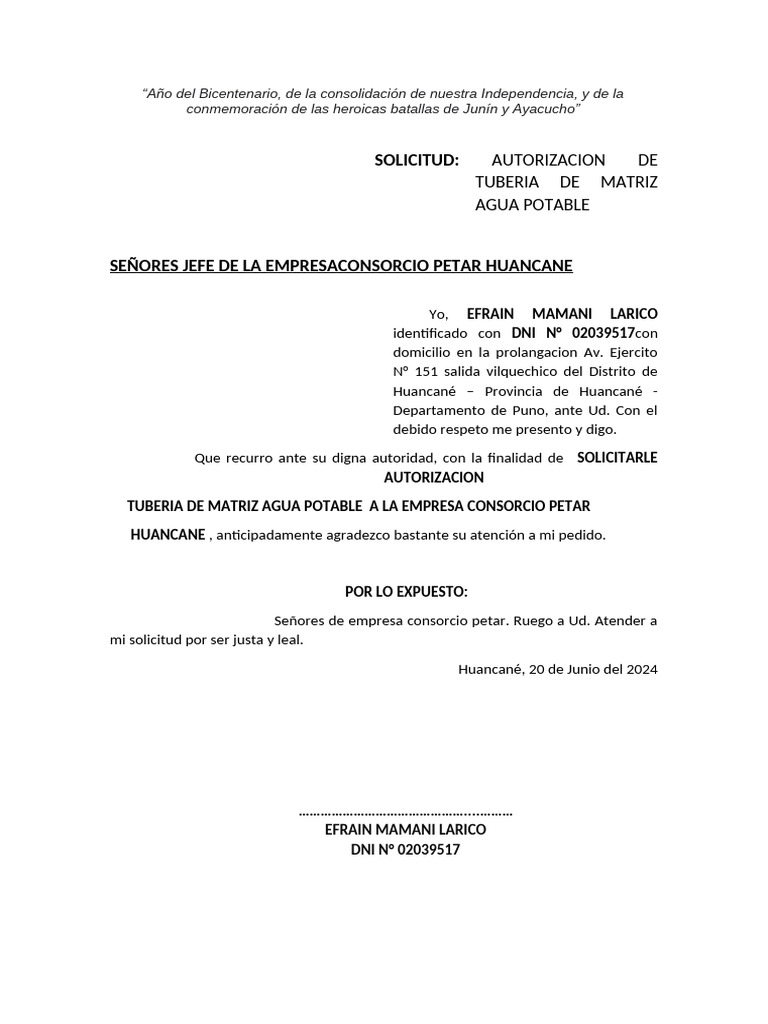 Solicitud de Instalacion de Agua y Desague | PDF