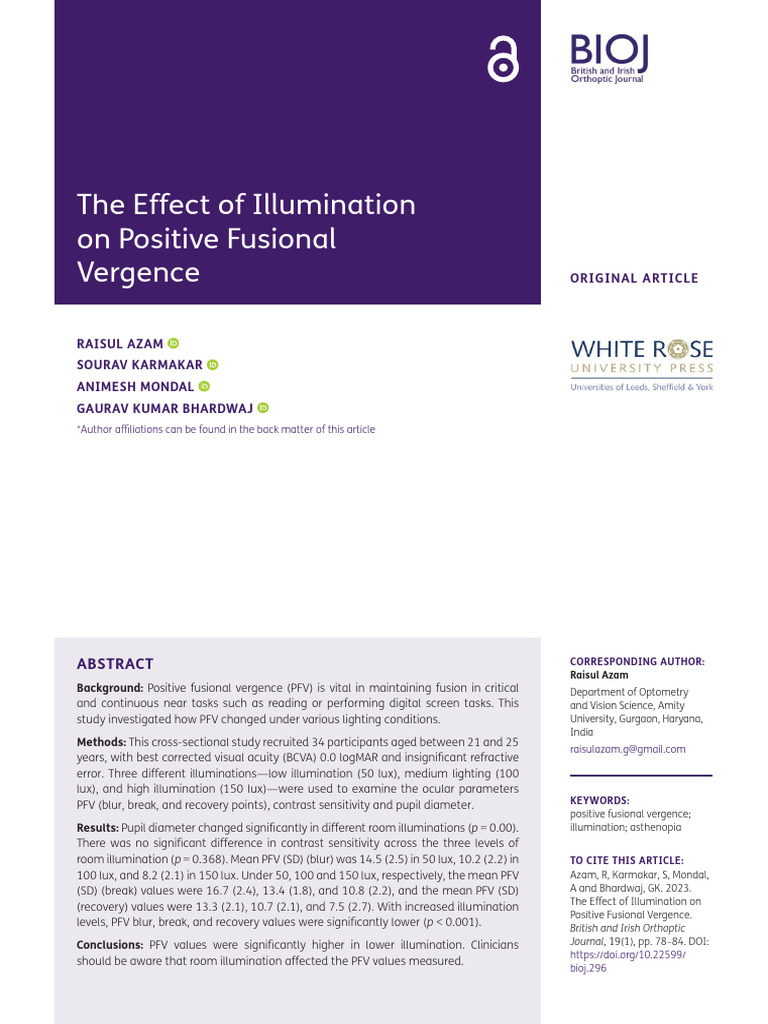 The Effect of Illumination On Positive Fusional Vergence | PDF | Human ...