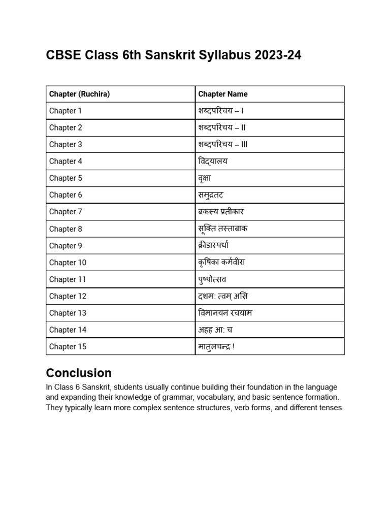Class 6th Sanskrit Syllabus | PDF