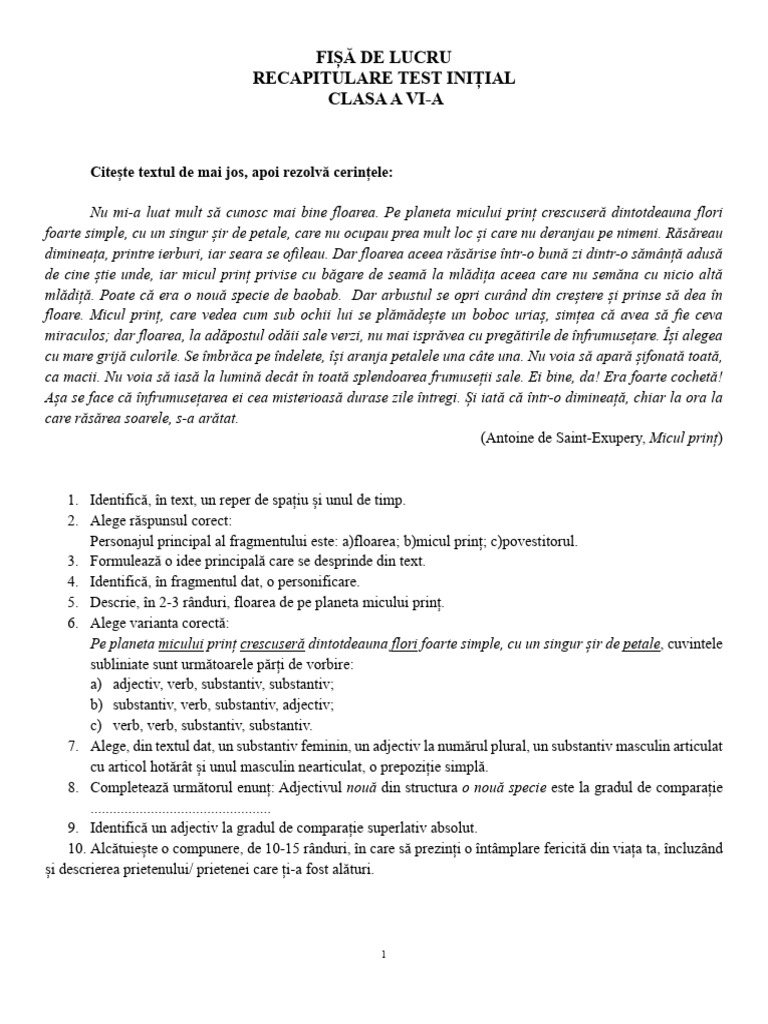 FIȘĂ Recapitulare Test Inițial A VI-a | PDF