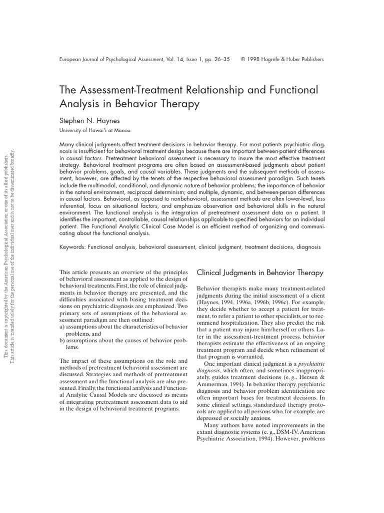 The Assessment-Treatment Relationship and Functional Analysis in ...