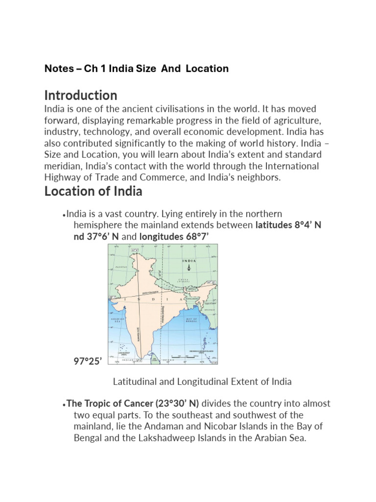 Notes Class 9th Geo CH 1 India Size An76d Location | PDF