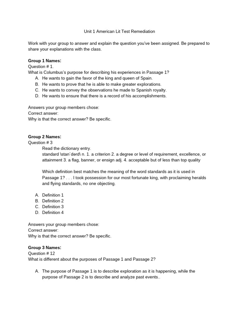 Unit 1 American Lit Test Remediation | PDF