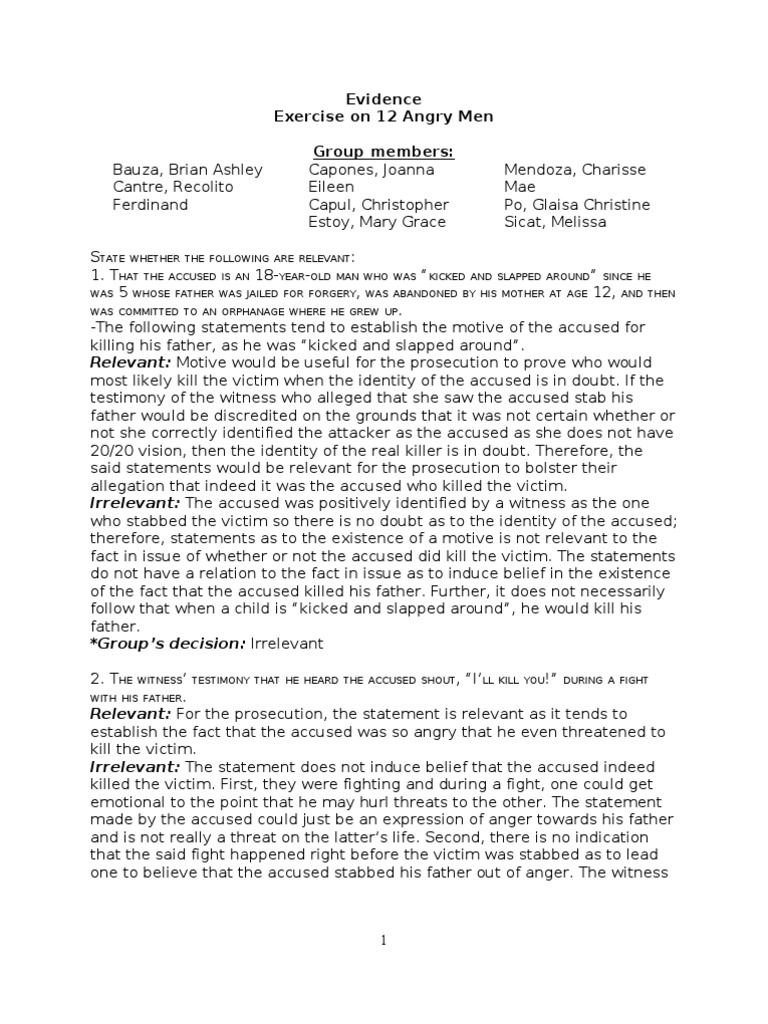Evidence Exercise On 12 Angry Men Group Members | PDF | Witness | Testimony