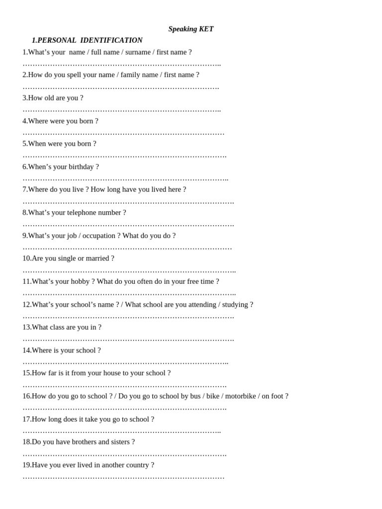 KET TOPIC SPEAKING | PDF