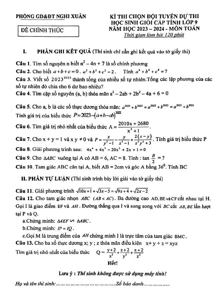 De Chon Hoc Sinh Gioi Toan 9 Nam 2023 2024 Phong GDDT Nghi Xuan Ha Tinh | PDF