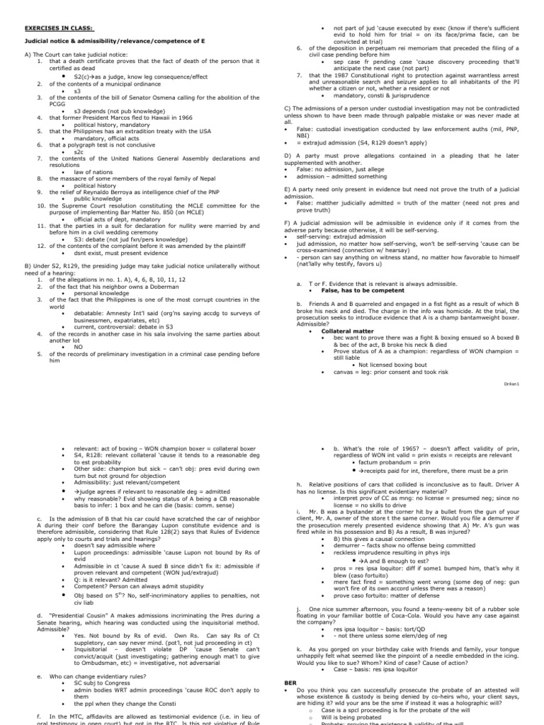 Exercises in Class Evidence | PDF | Evidence (Law) | Testimony