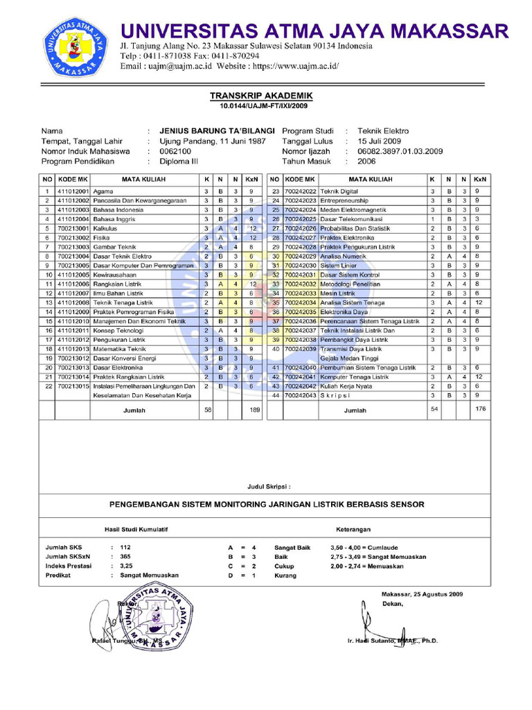 transkrip teknik elektro D3 UNIV ATMAJAYA copy | PDF