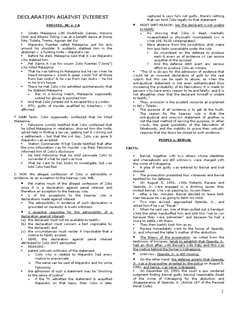 Declaration Against Interest in Hearsay | PDF | Evidence (Law) | Evidence