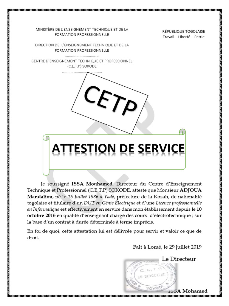 Attestation Enseignement CETP | PDF